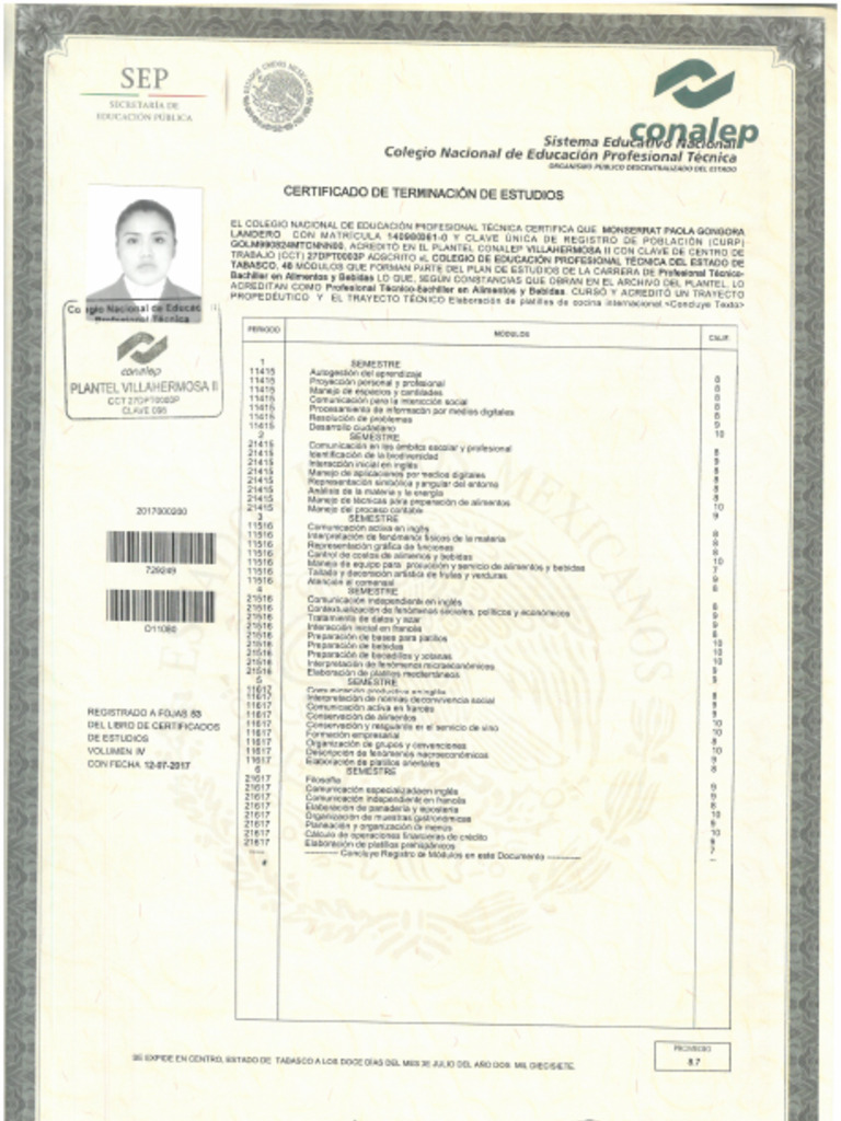Certificado de Terminacion de Estudios - Conalep | PDF