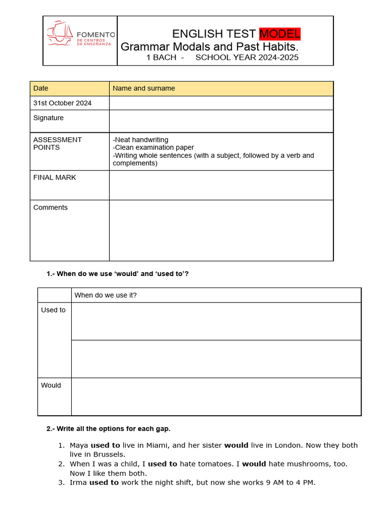 1BACH Used To-Would and Modals EXAM-1 | PDF | Foreign Language Studies | Art