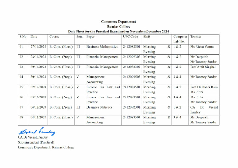 Commerce Practical Date Sheet Nov Dec 2024 | PDF