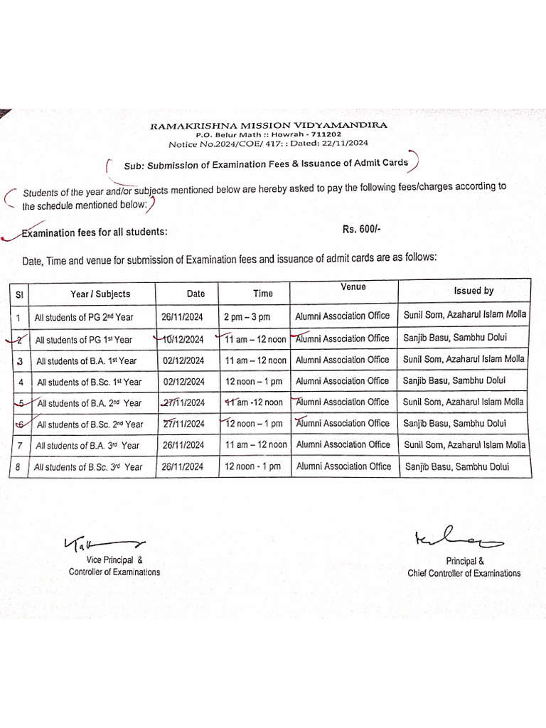 Submission of Exam Fees and Issuance of Admi Cards | PDF