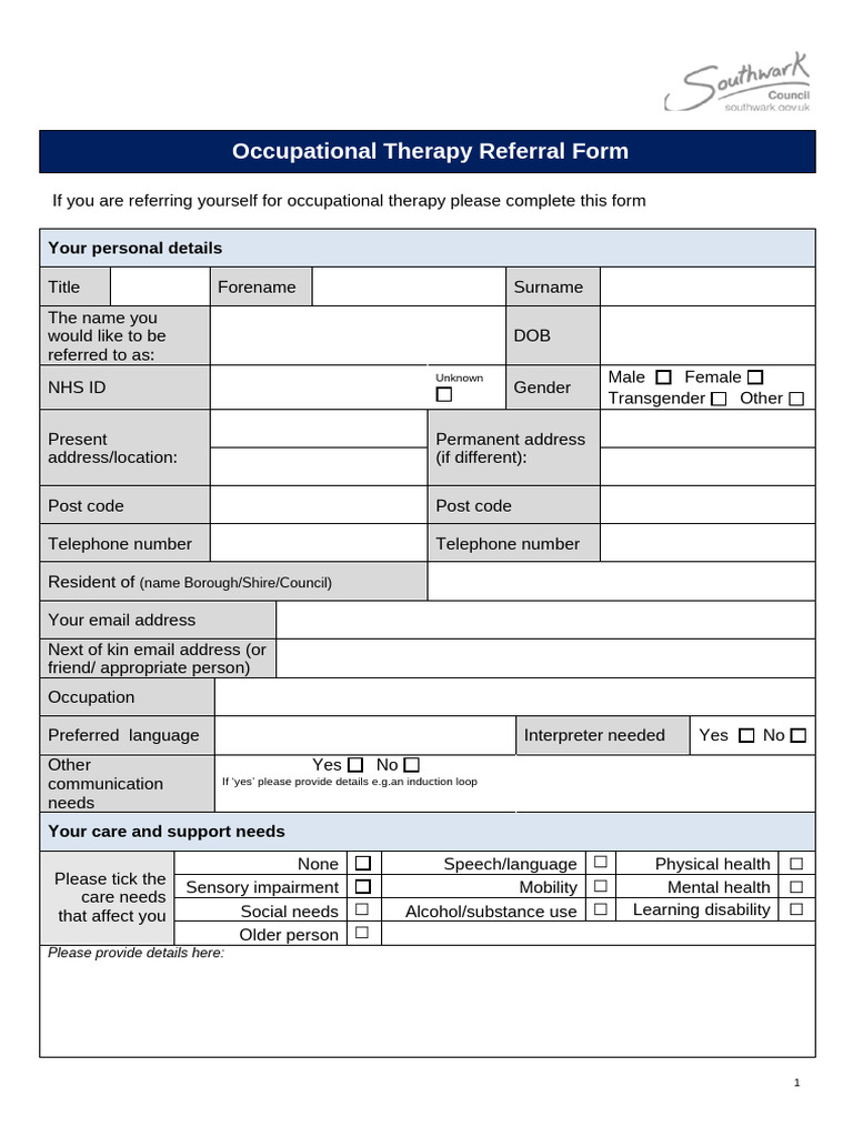 Occupational Therapy Referral Form Self Referral | PDF | Sexual ...