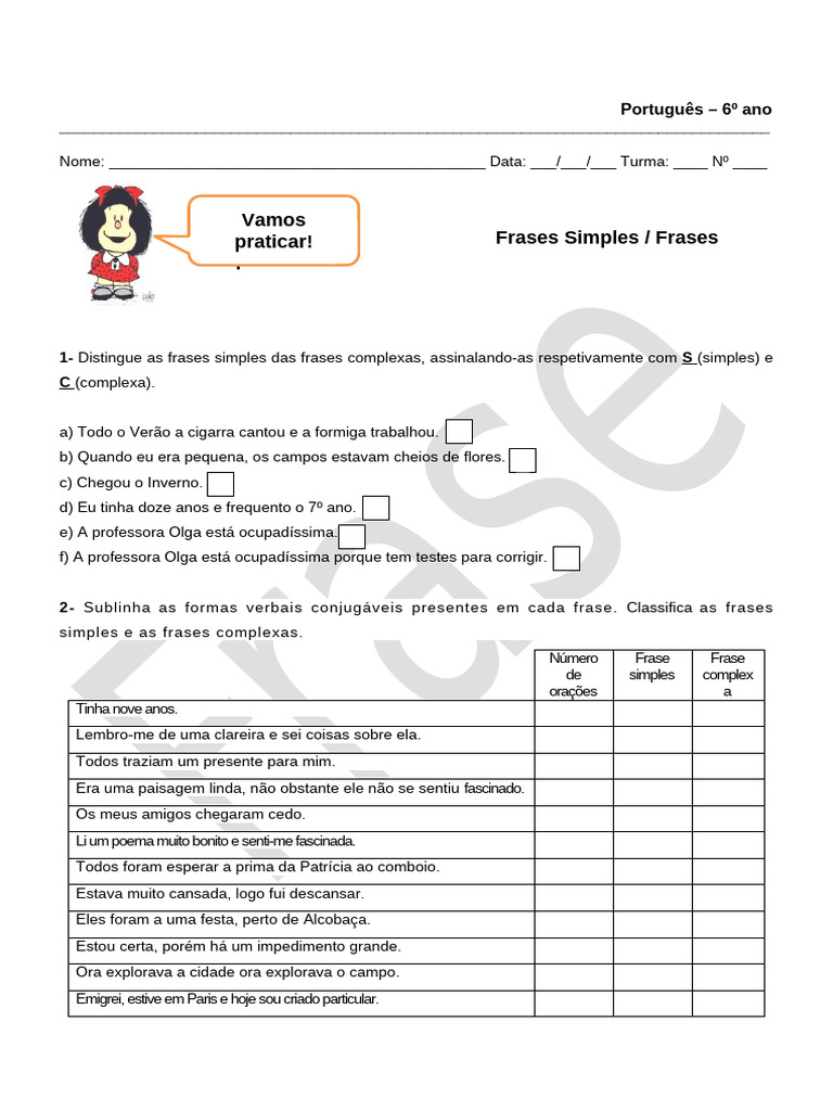 Frase Simples - Complexa - Exerc. | PDF