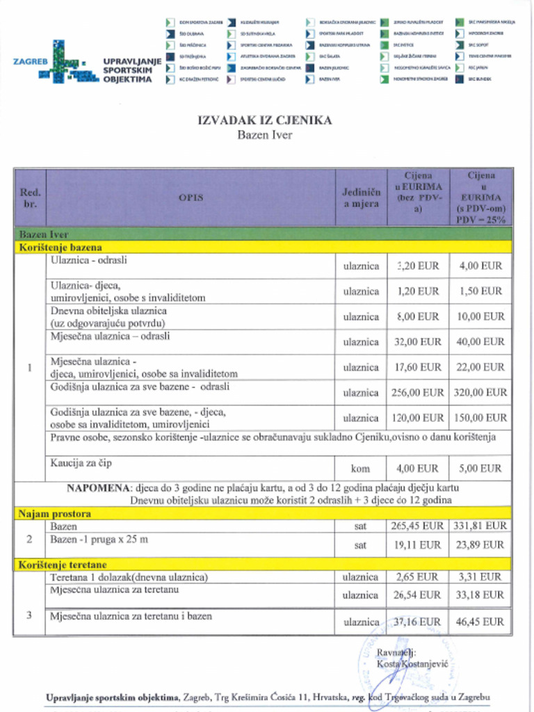 Izvadak Iz Cjenika - Bazen Iver | PDF