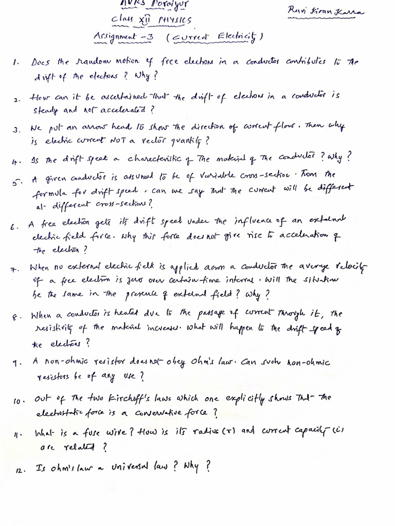 Assignment 3 Current Electricity | PDF