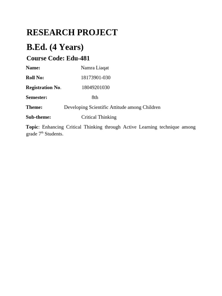 Final Research Project (Bs Education) | PDF | Critical Thinking | Thought
