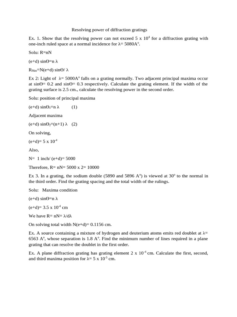 Diffraction Grating Resolving Power | PDF | Teaching Methods & Materials