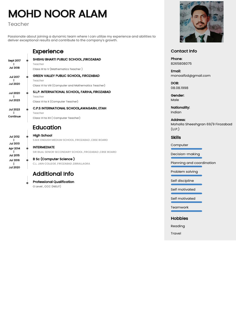 MOHD NOOR ALAM - Resume | PDF | Behavior Modification | Science