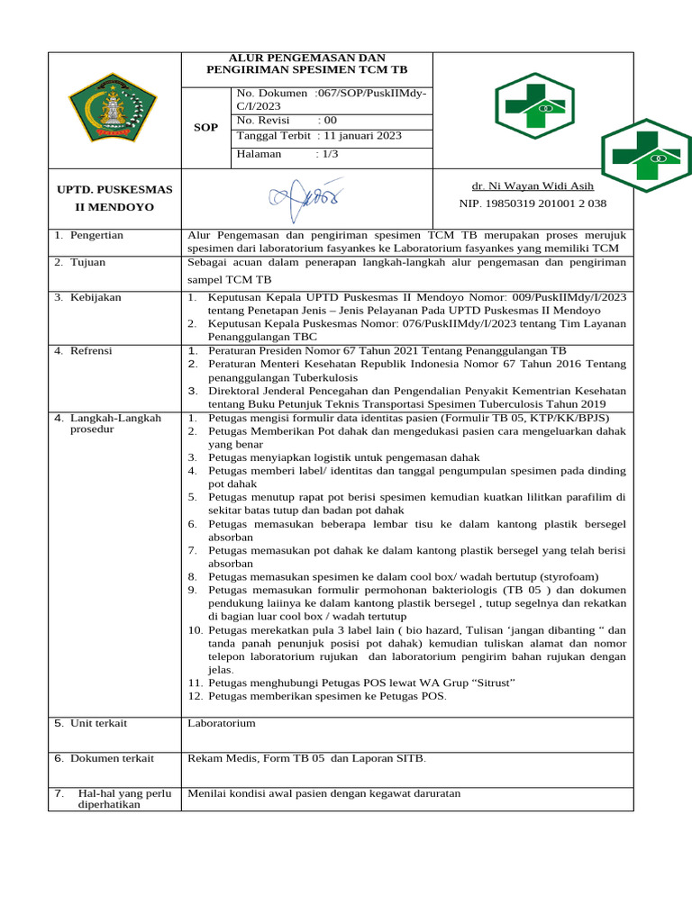 SOP Alur Pengemasan Dan Pengiriman Spesimen TCM | PDF