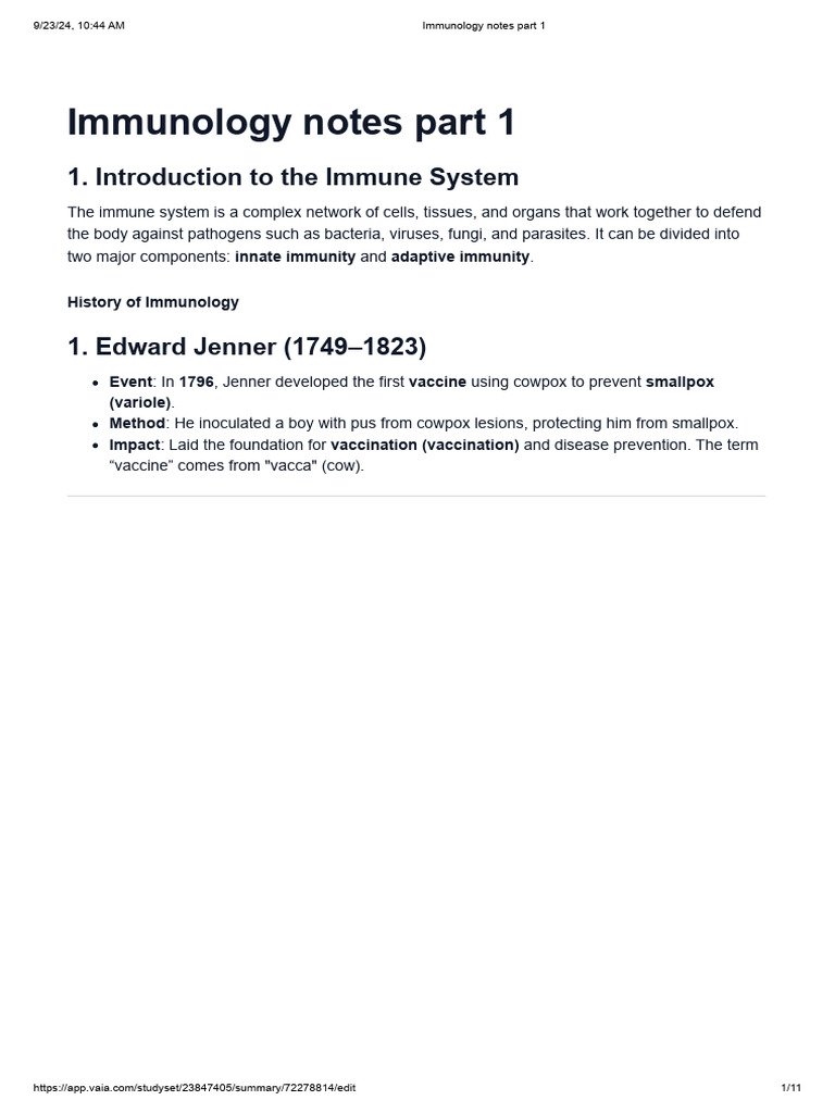Immunology Notes Part 1 | PDF | Lymphocyte | Immune System