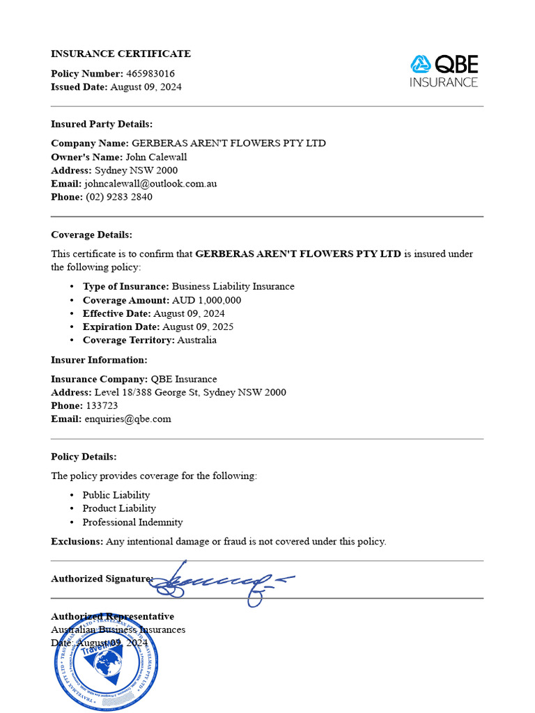 INSURANCE CERTIFICATE AUS (NSW) | PDF