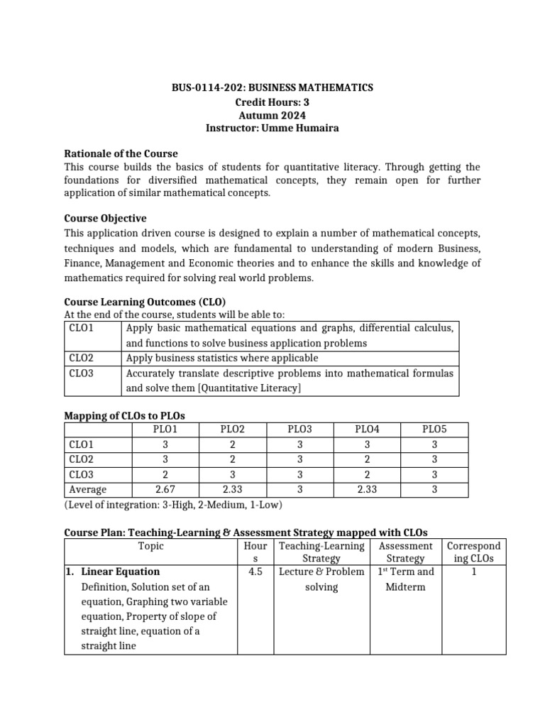 BUS 202 course outline | PDF | Function (Mathematics) | Mathematics