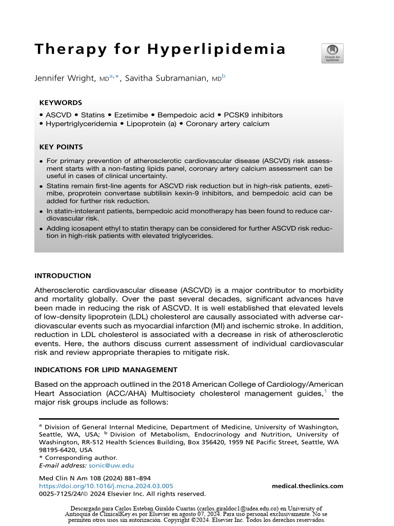 Therapy For Hyperlipidemia | PDF | Atherosclerosis | Statin