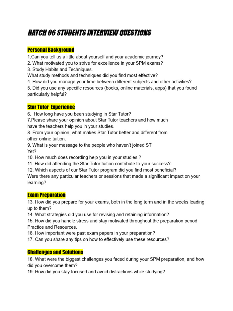 Batch 06 Students Interview Questions | PDF