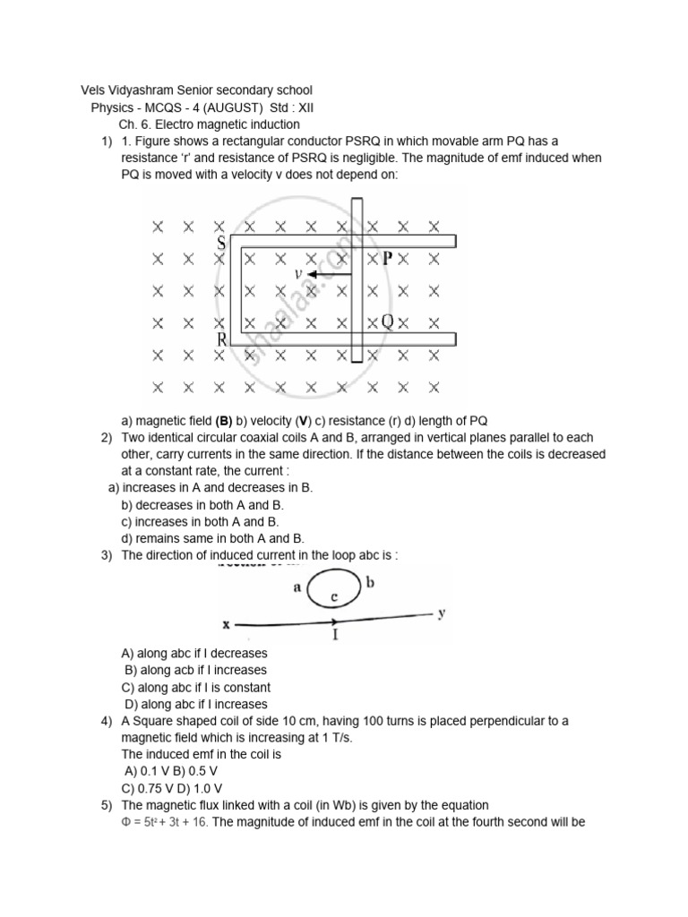 Electromagnetic Induction MCQs for Class 12 | PDF | Electromagnetic ...