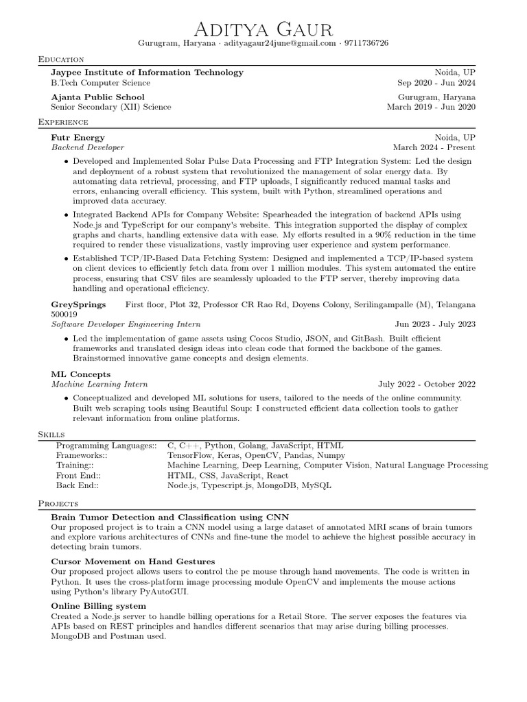 Aditya Gaur: Software Developer Resume | PDF | Computing | Software ...