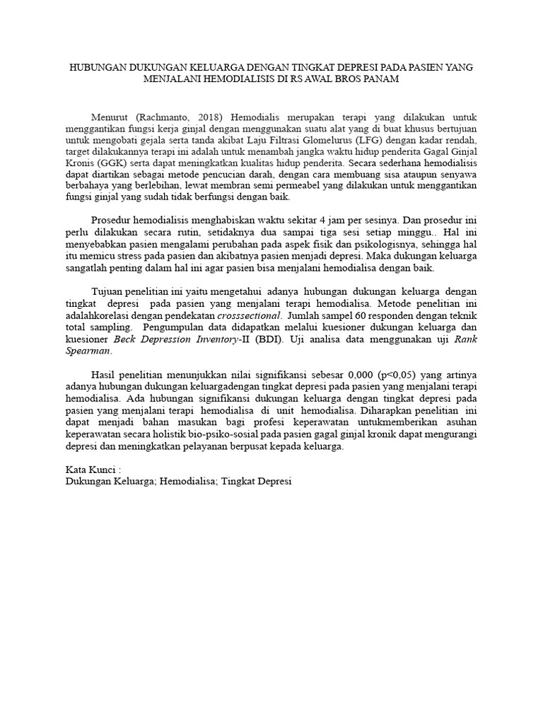 Hubungan Dukungan Keluarga Dengan Tingkat Depresi Pada Pasien Yang Menjalani Hemodialisis Di RS ...