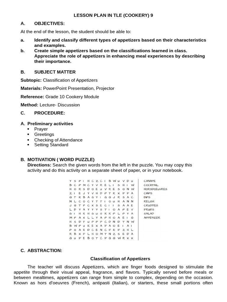 Lesson Plan in Classification of Appetizers | PDF | Hors D'oeuvre | Foods