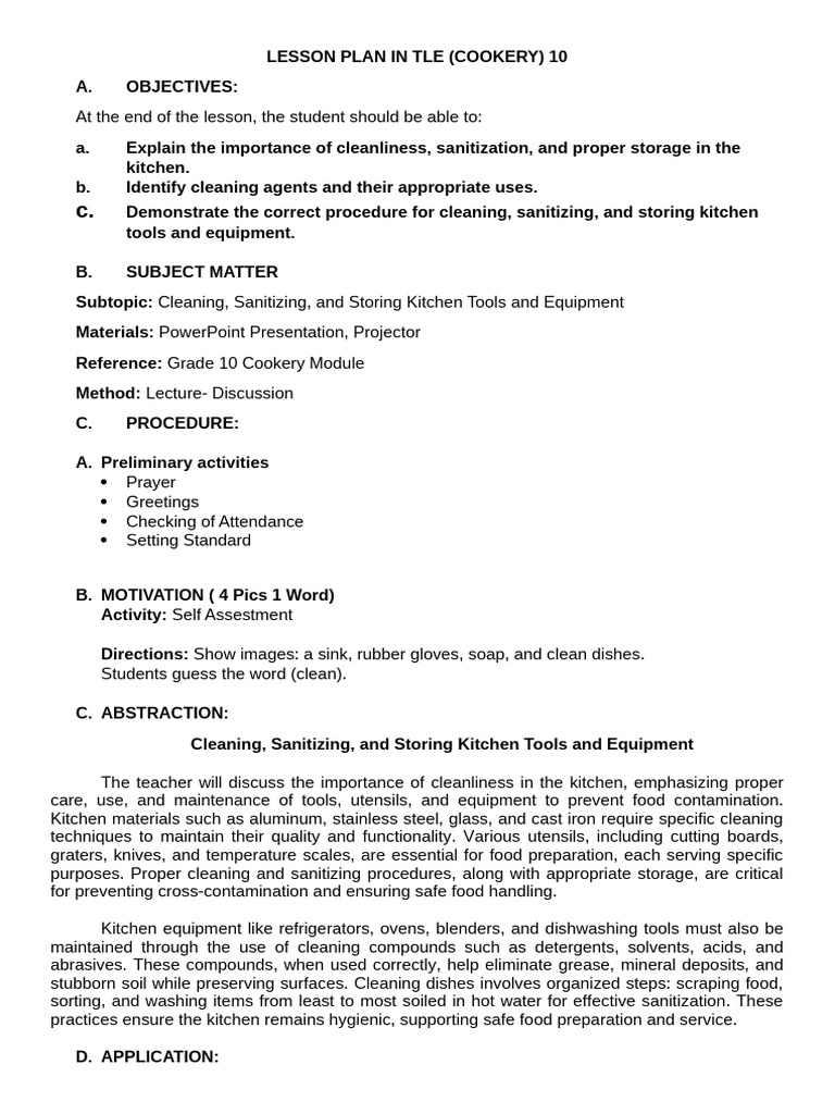 Lesson Plan in Cleaning, Sanitizing, and Storing Kitchen Tools and ...