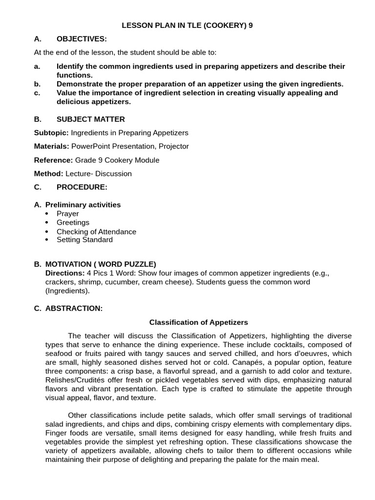 Lesson plan in Ingredients in Preparing | PDF | Hors D'oeuvre | Foods