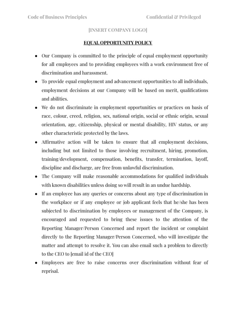 Sample Equal Opportunity Policy - 241116 - 192912 | PDF | Career & Growth