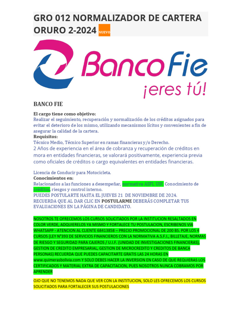 Banco Fie Normalizador de Cartera Oruro 2 | PDF