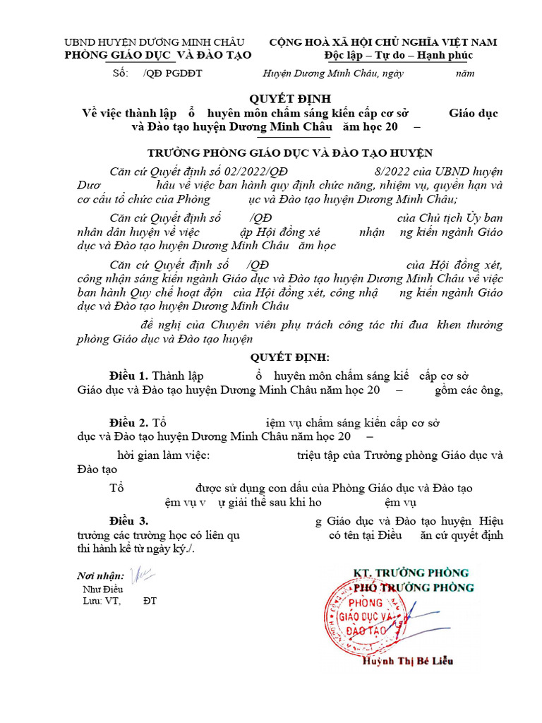 Quyet Dinh Thanh Lap To Chuyen Mon Cham Sang Kien 2022-2023 | PDF