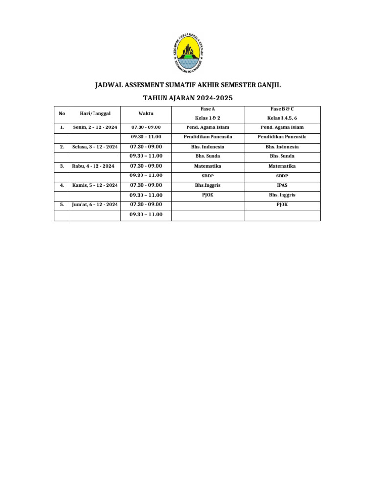 Jadwal Sas Ganjil 2024 | PDF