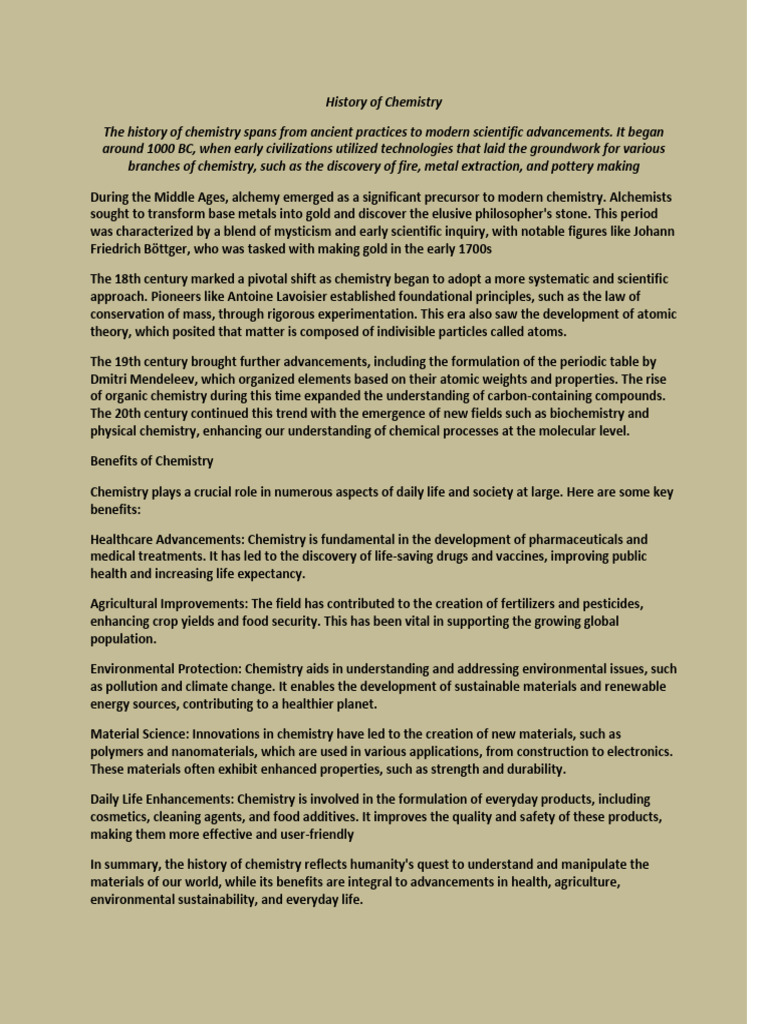 History and Impact of Chemistry | PDF | Chemistry | Ethanol