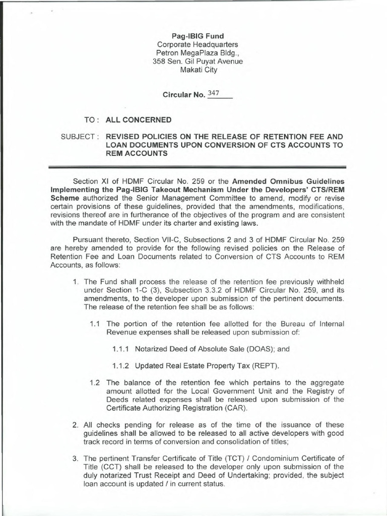 Circular No. 347 - Revised Policies On The Release of Retention Fee and ...