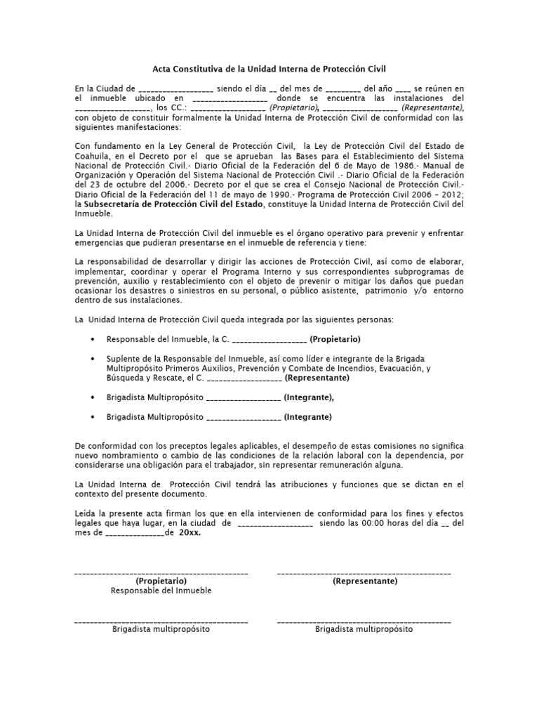 Acta Constitutiva de La Unidad Interna de Protección Civil | PDF | Defensa Civil | Gobierno