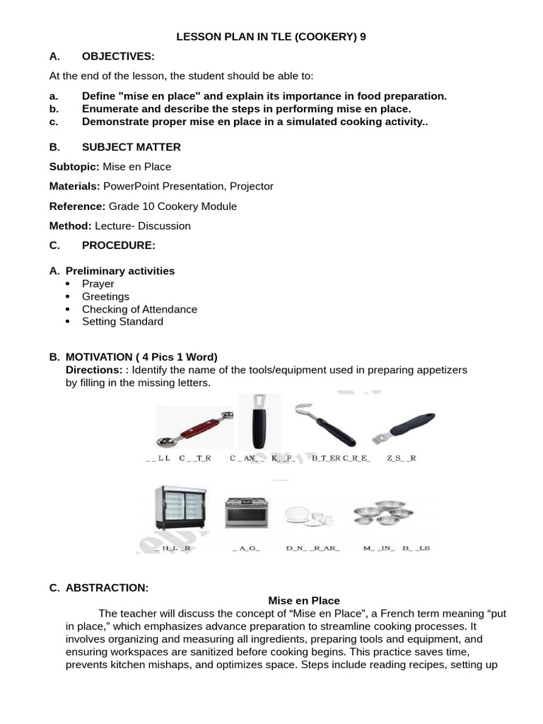 Mise en Place Lesson Plan for Cookery | PDF | Cooking | Kitchen