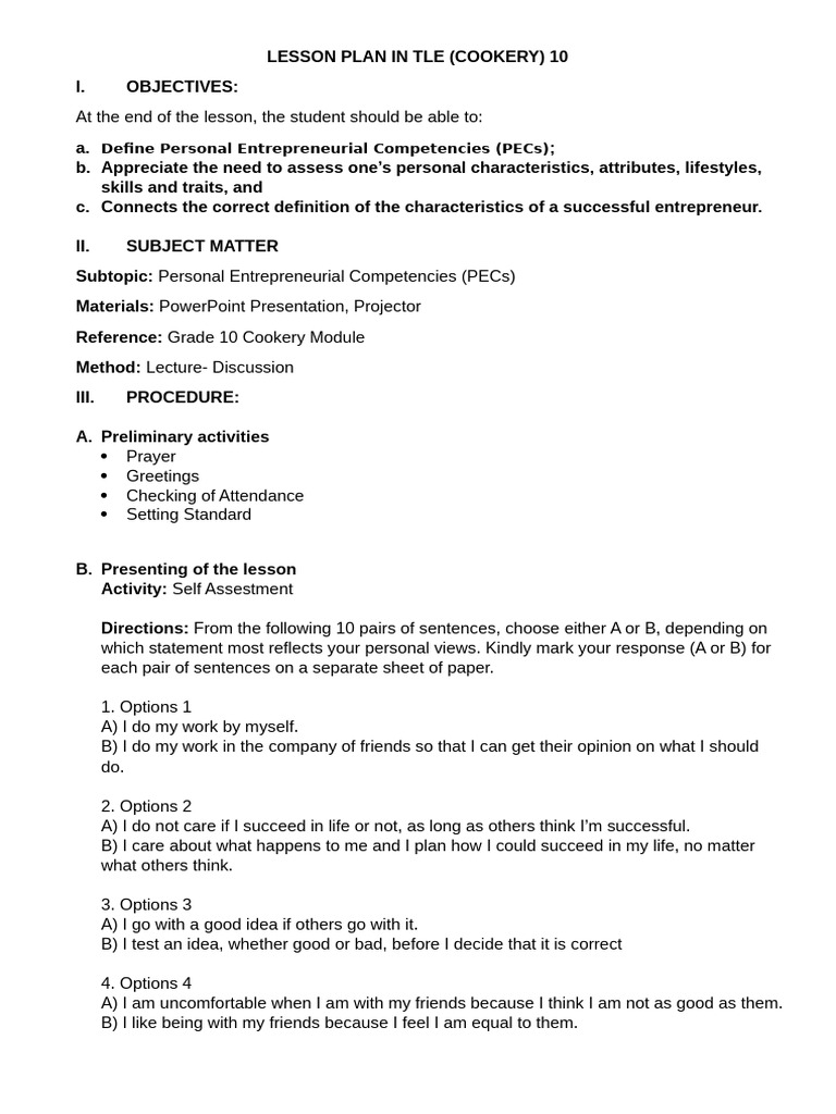 Lesson Plan in LESSON 1 PEC's | PDF | Entrepreneurship | Risk