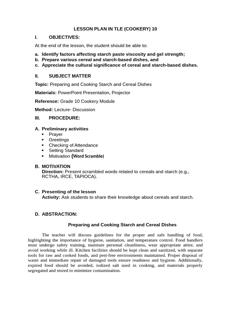 Preparing Starch Dishes for Grade 10 | PDF | Cooking | Food Safety