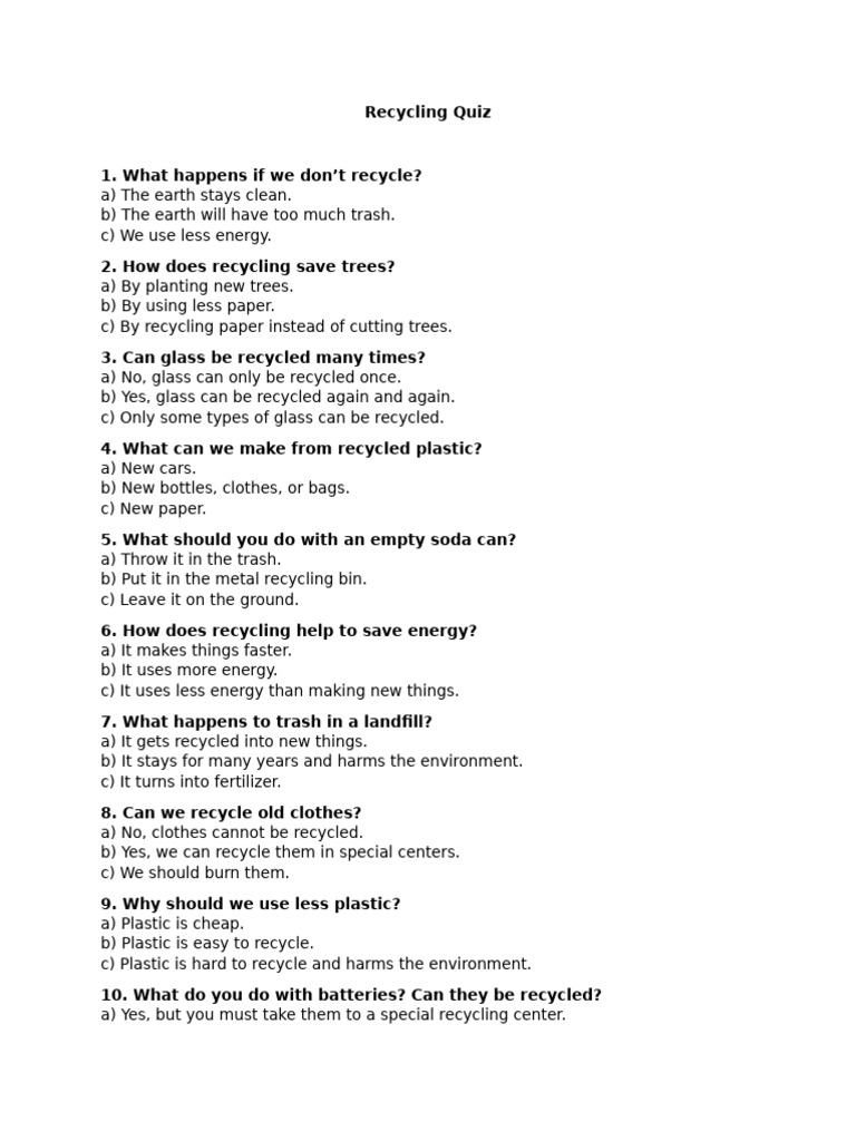 Recycling Quiz and Environmental Vocabulary | PDF | Natural Environment ...