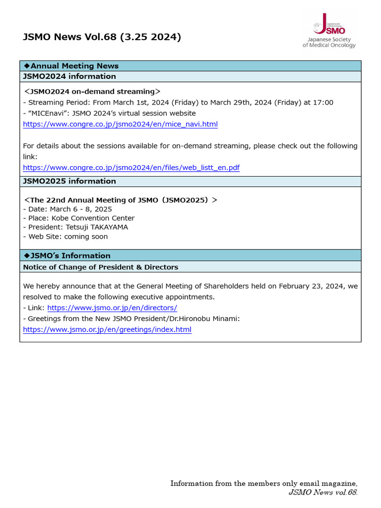 JSMO News Vol.68: Annual Meeting Updates | PDF