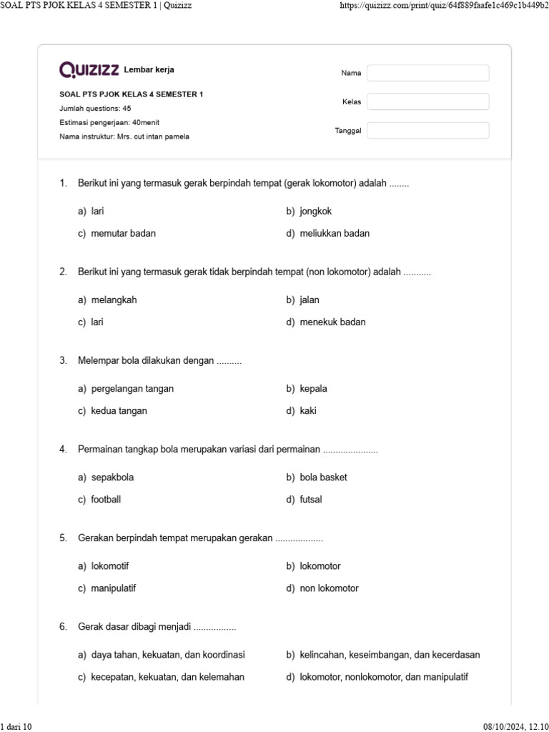 SOAL PTS PJOK KELAS 4 SEMESTER 1 - Quizizz | PDF
