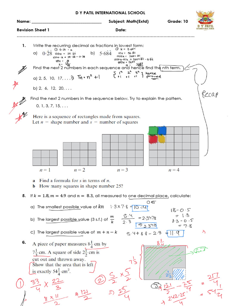 Grade 10 Math Revision Sheet | PDF