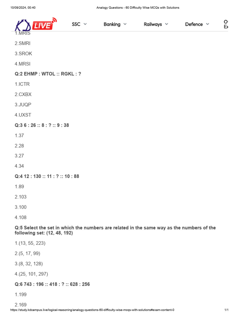 Analogy Questions - 60 Difficulty Wise MCQs With Solutions | PDF | Computers