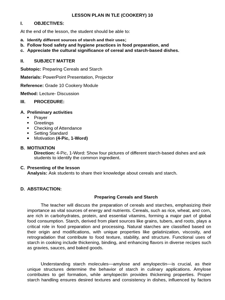 Lesson plan in prepare starch sishes | PDF | Starch | Foods