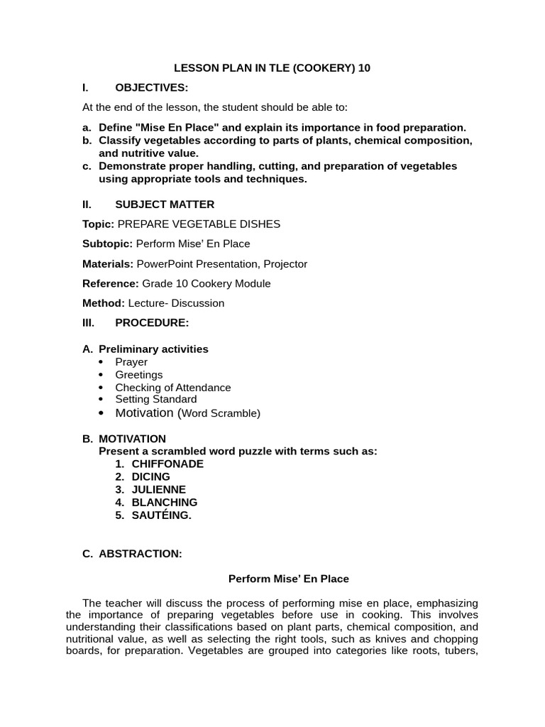 Lesson Plan Prepare Vegetable and Seafood Dishes | PDF | Vegetables ...