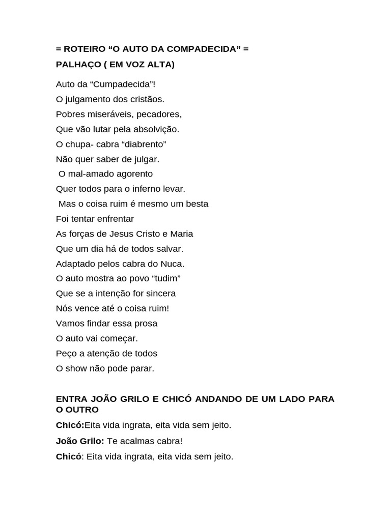 Roteiro o Auto Da Compadecida 1 | PDF | Jesus | Dinheiro