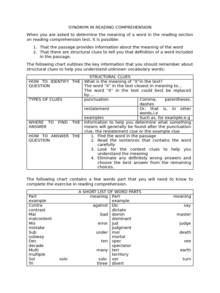 Synonym in Reading Comprehension | PDF | Reading Comprehension ...