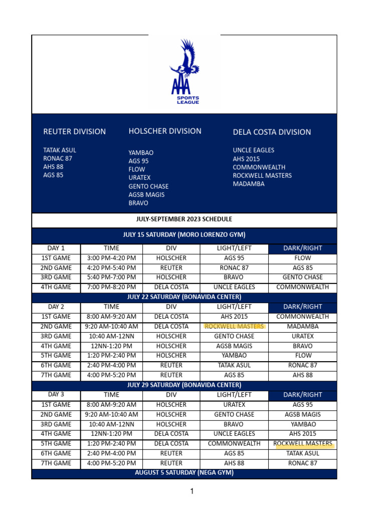 Aaasl Season 1 2023 Schedule | PDF