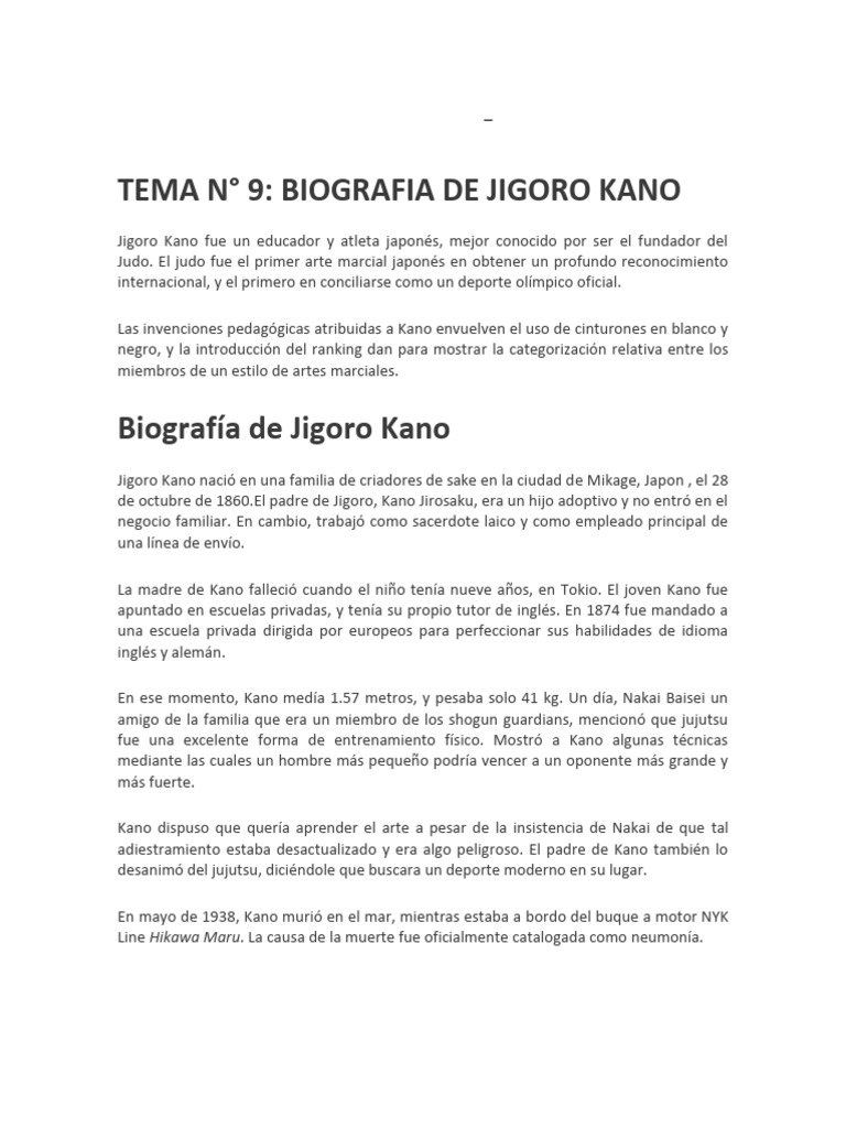 Tema 9 Biografia Jigoro Kano | PDF | Judo | Kata