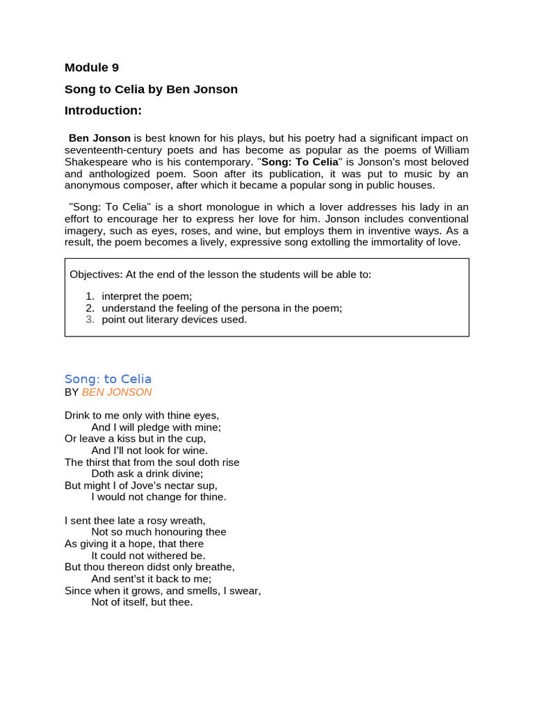 Song to Celia: A Love Poem Analysis | PDF | Poetry | Classics