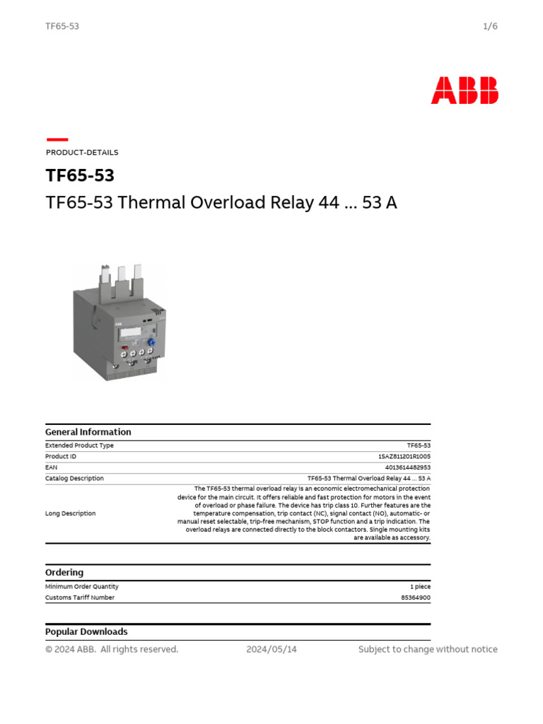 TF65-53 Thermal Overload Relay 44-53A | PDF | Relay | Electrical Components