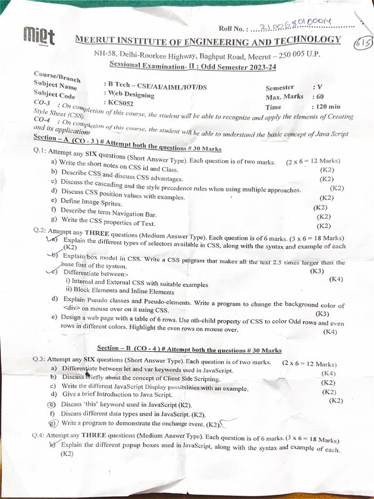 Sessional Question Paper | PDF