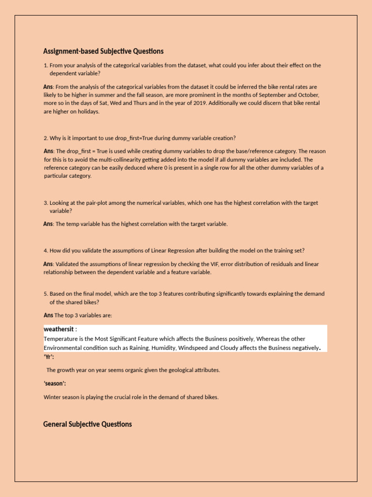 Subjective Questions | PDF | Linear Regression | Dependent And Independent Variables