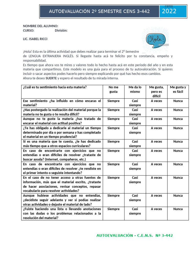 Autoevaluación Cens 3.442 2022 | PDF | Cognición
