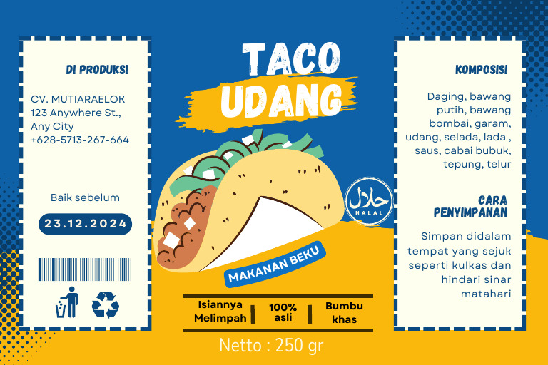 Label Makanan Dingin Taco Udang Kreatif Ilustrasi Biru Dan Kuning | PDF